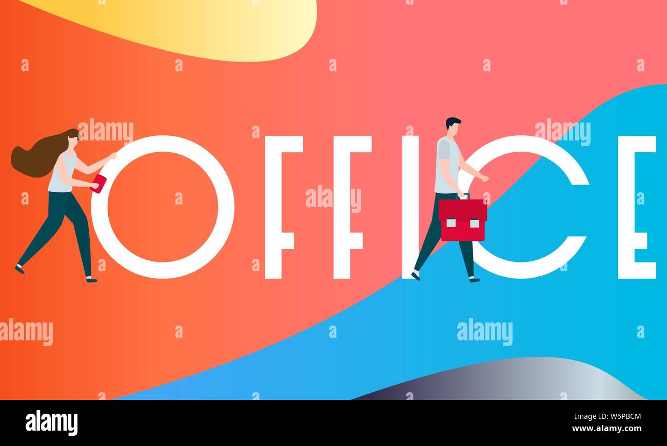 Vector illustration with office inscription and working people ...