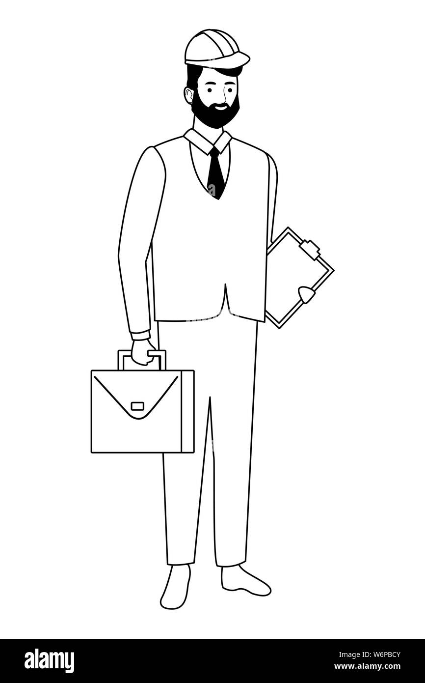 Engineer with suit and helmet holding briefcase cartoon in black and ...