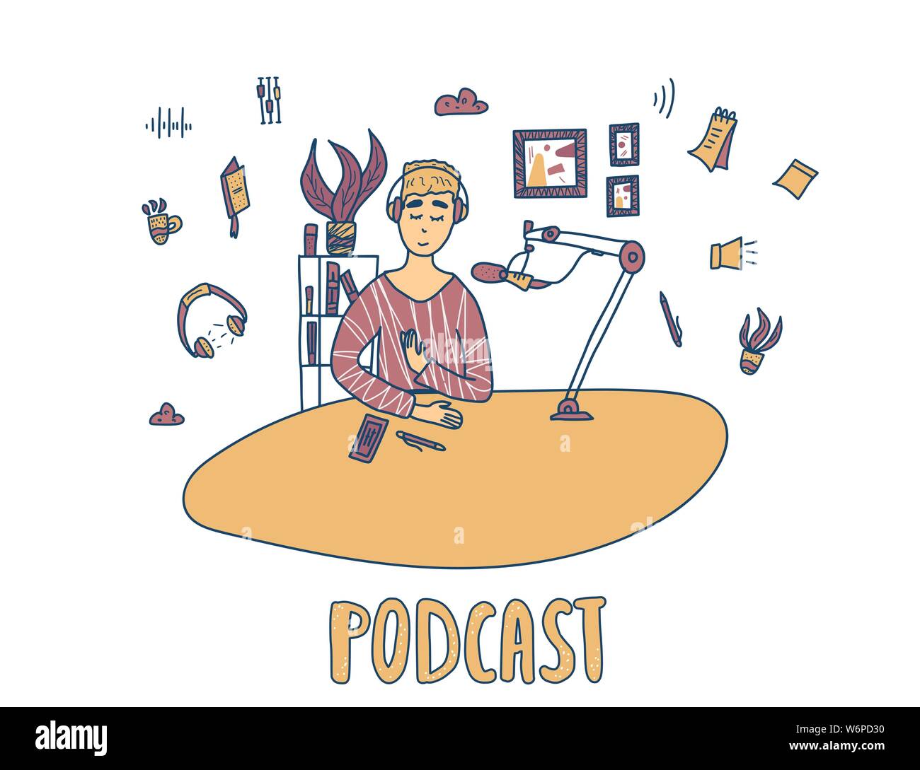 Young podcaster recording a podcast in a studio. Broadcaster concept in ...