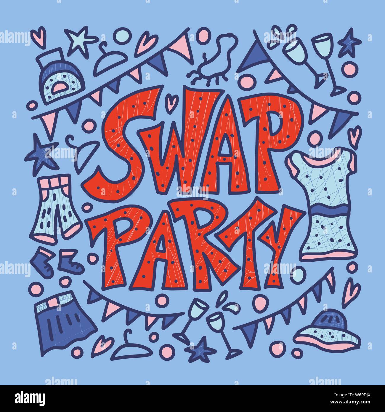 Swap Party poster with stylized lettering and doodle style decoration ...