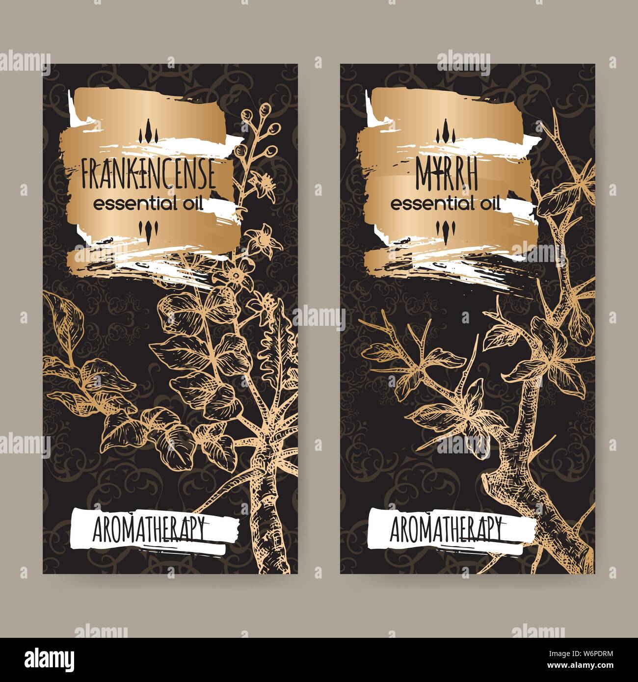 Two labels with Boswellia sacra aka frankincense and Commiphora myrrha ...