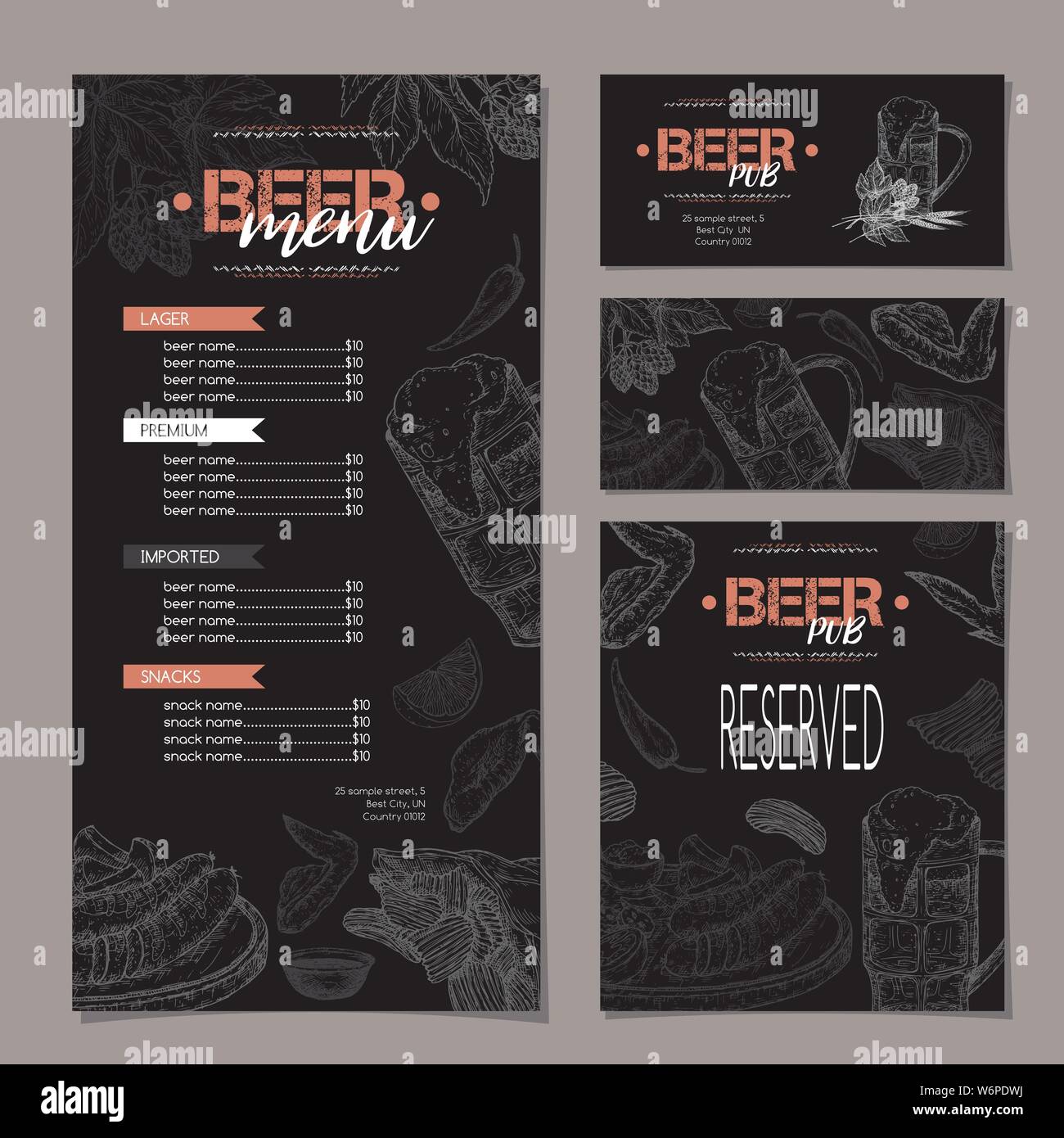 Beer bar menu and card templates featuring beer mug, hop branch, wheat ...