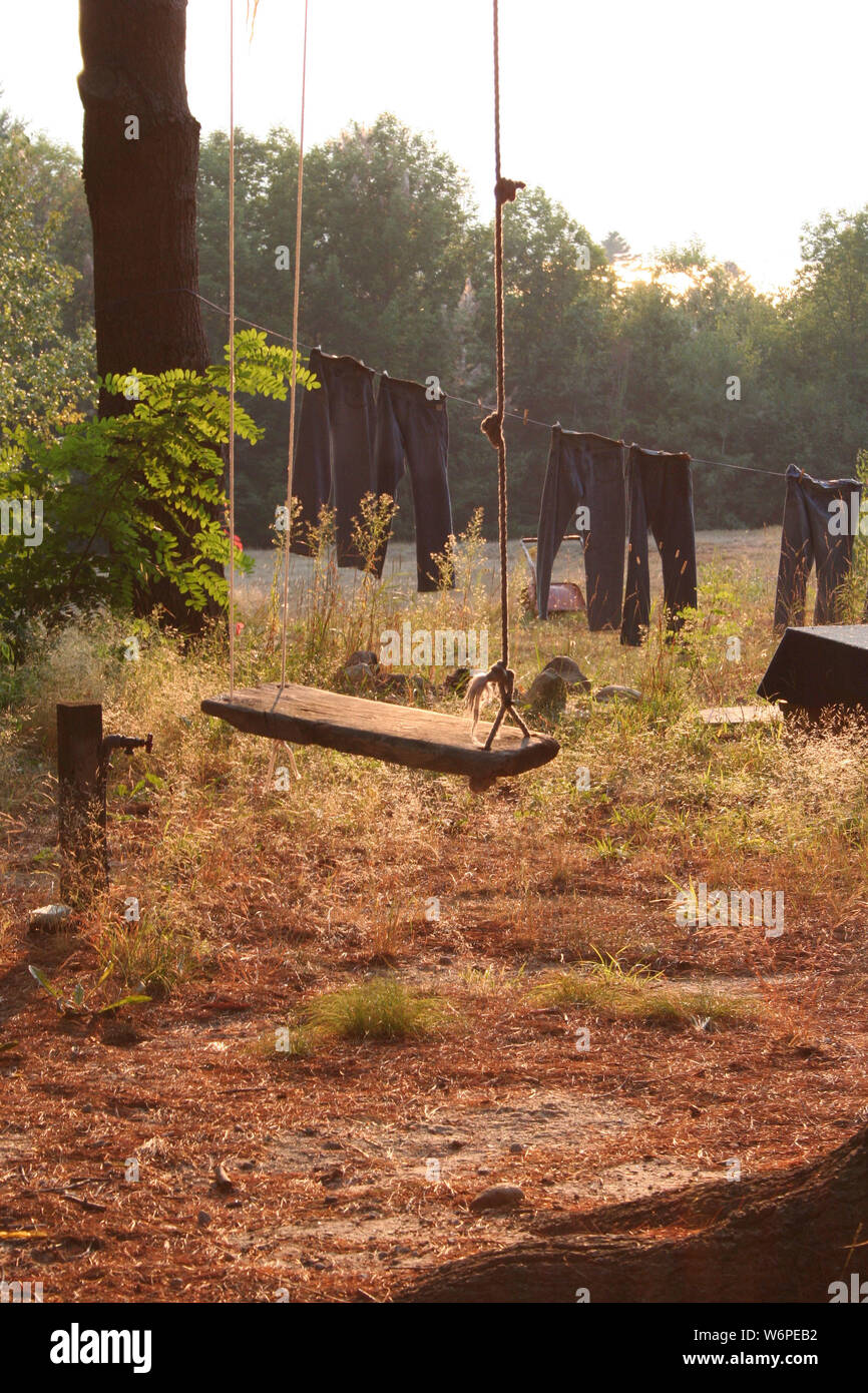 A country setting with a rickety old rope swing hung from a tree Stock ...