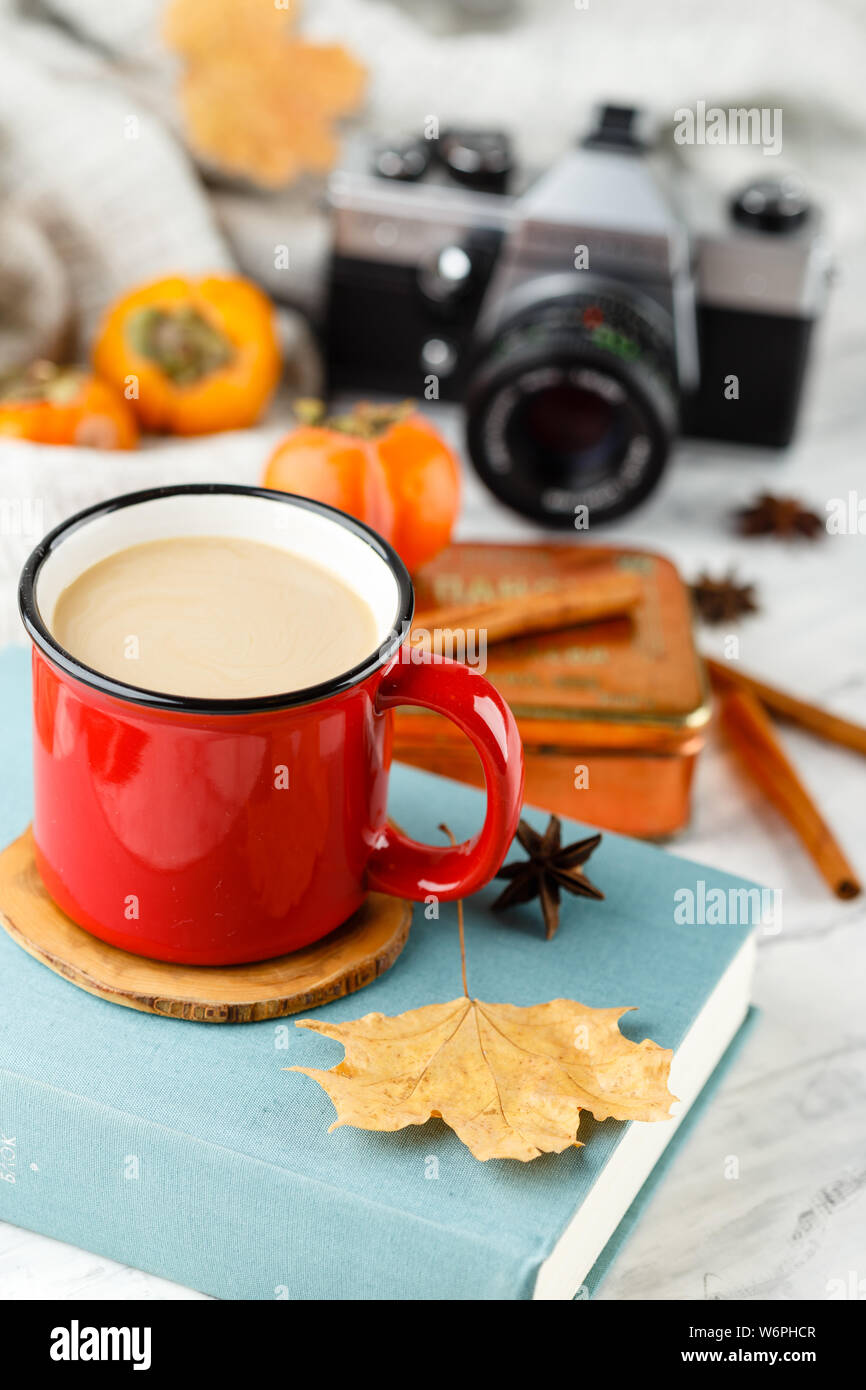 Enamelled red cup of coffee with milk, spices - cinnamon sticks and ...