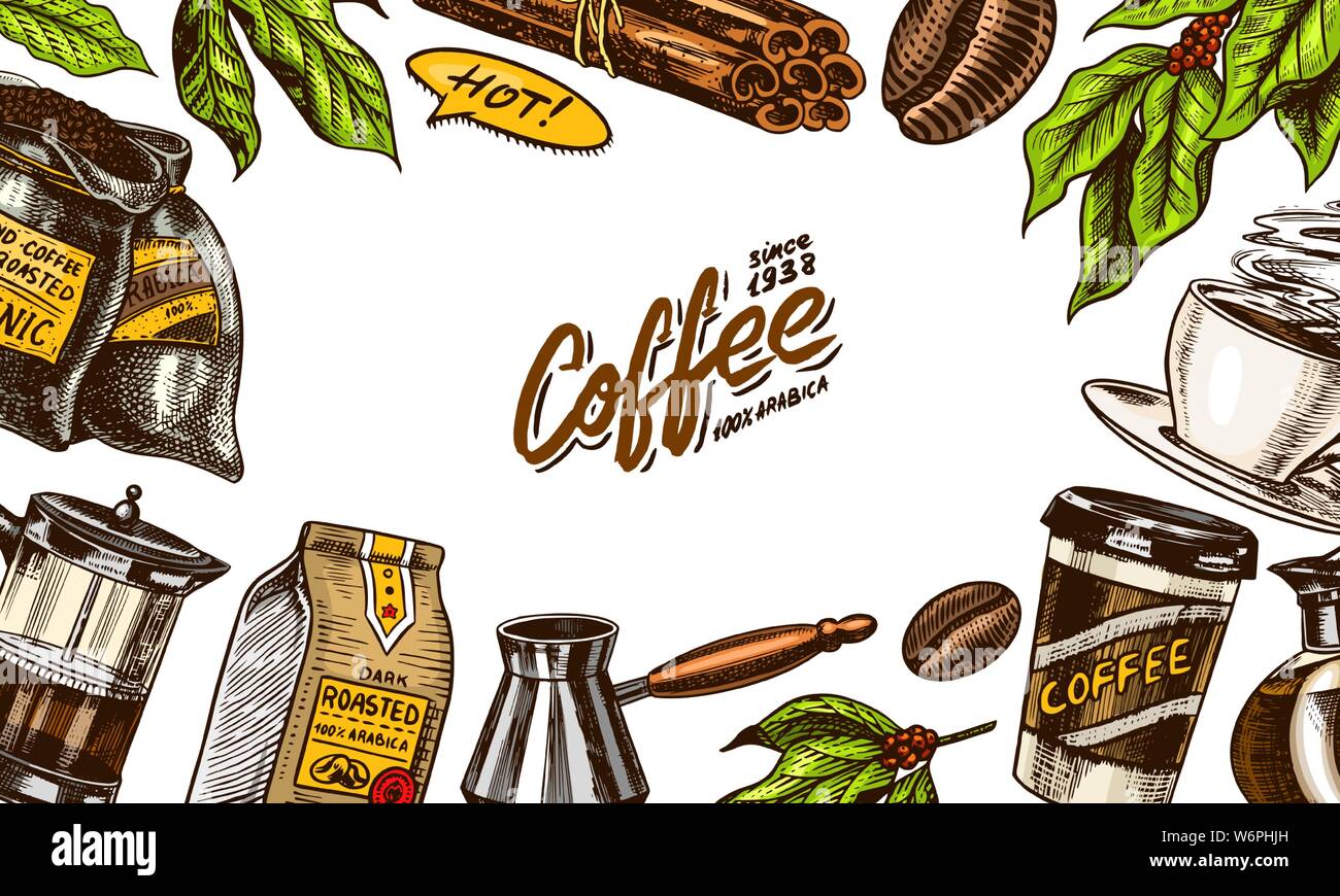 Coffee beans background in vintage style. Hand drawn engraved poster ...
