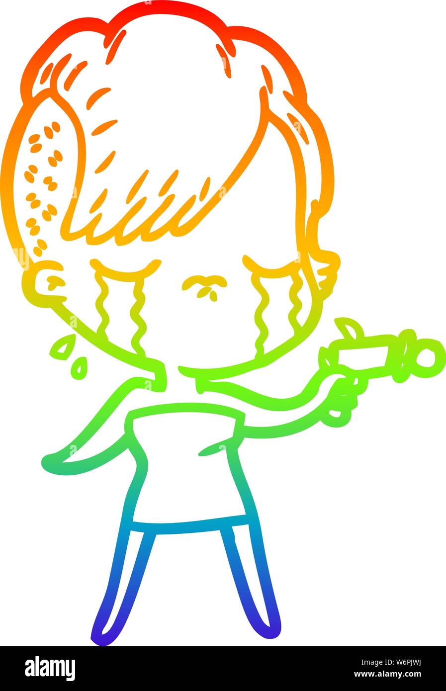 rainbow gradient line drawing of a cartoon crying girl pointing ray gun ...