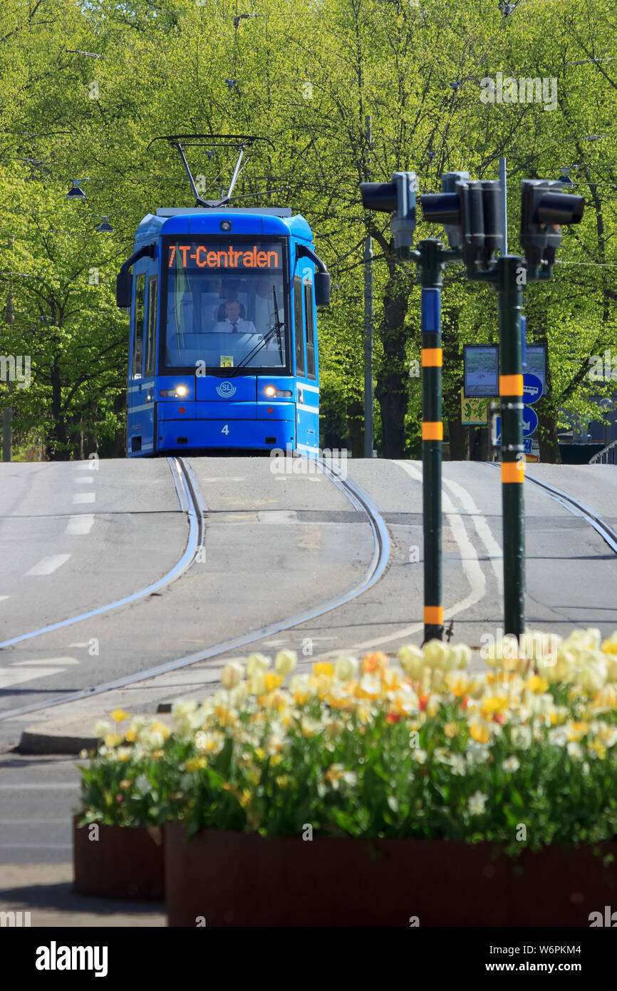 SL or Storstockholms Lokaltrafik blue tramway line, over Djurgårdsbron ...