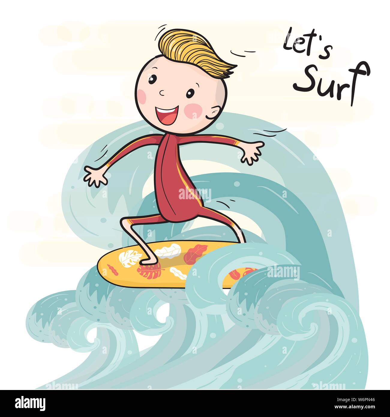 cute drawing surf boy on surfboard floating on big wave Stock Vector ...
