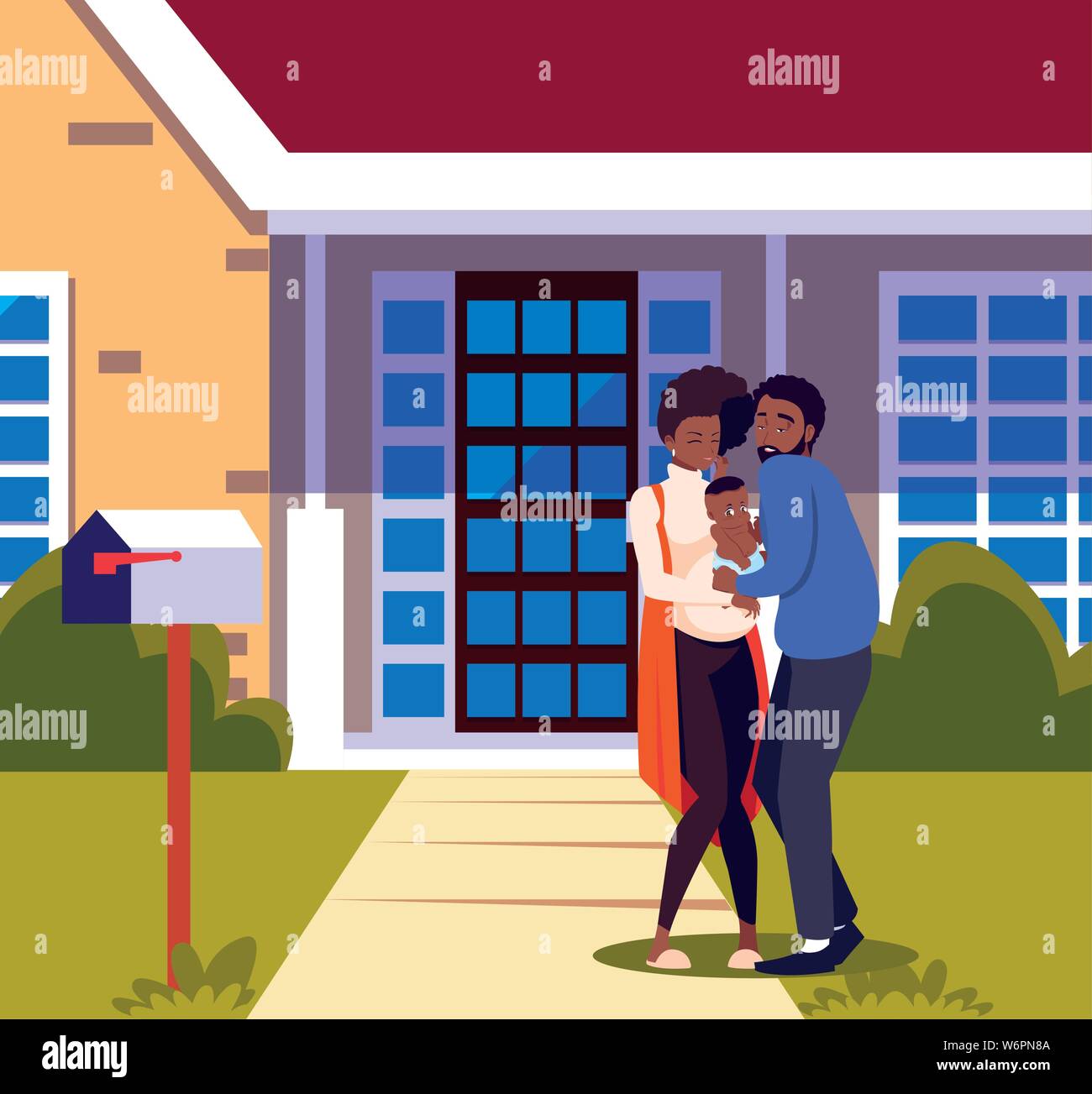 man hugs a woman with baby in the front house vector illustration Stock ...