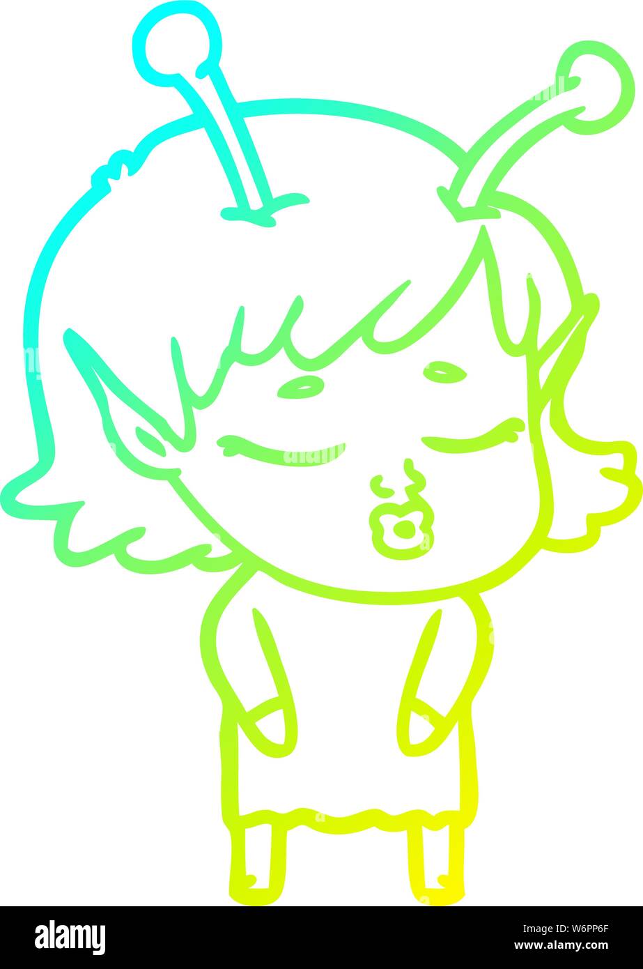 cold gradient line drawing of a cute alien girl cartoon Stock Vector ...