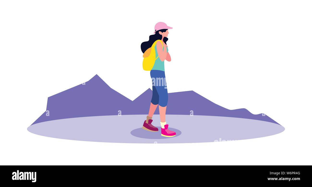 young woman backpacker in mountain landscape vector illustration Stock ...