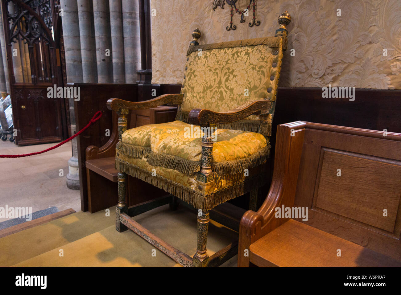Close up of the Bishops Throne chair in the Quire of Exeter Cathedral ...
