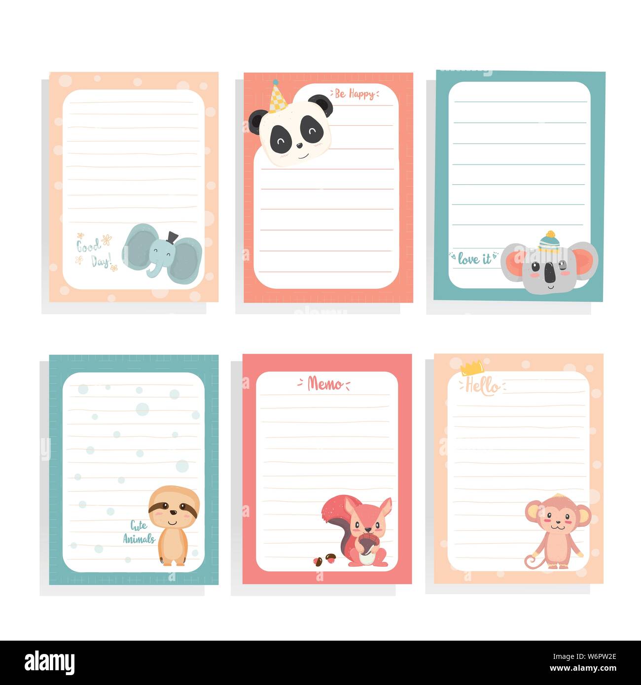 cute hand draw animal sloth, panda, squirrel, koala, monkey on note ...