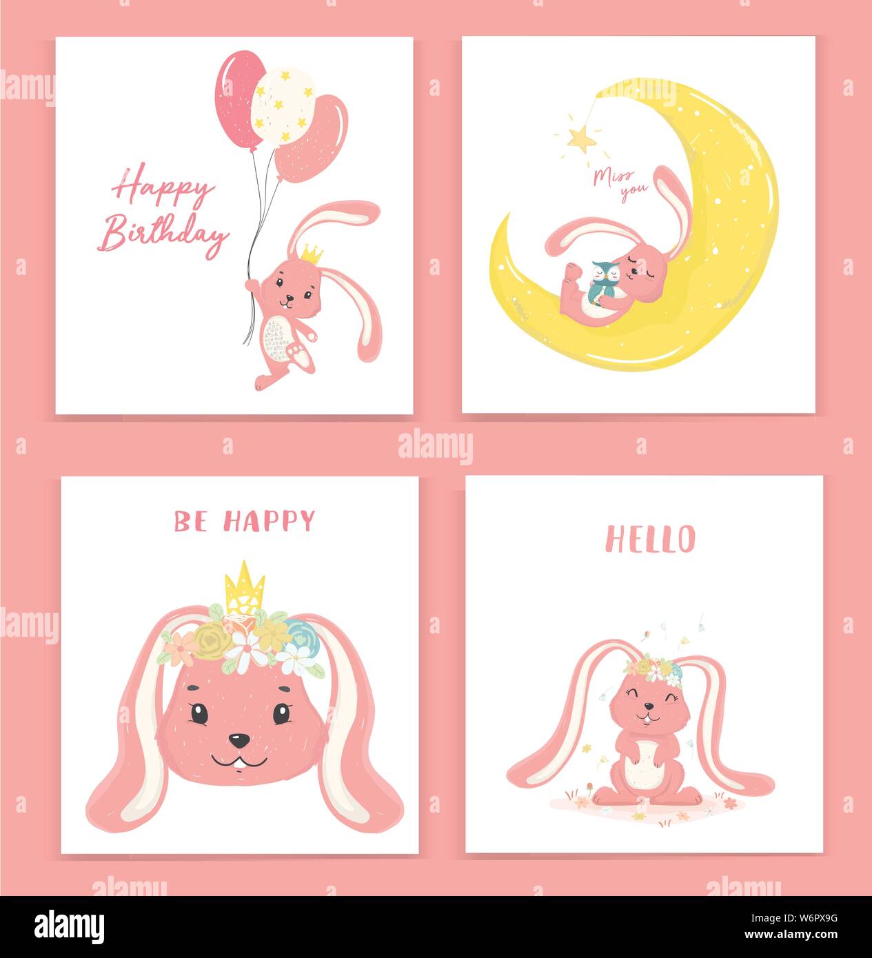 cute pink princess bunny collection idea for card flat vector Stock ...