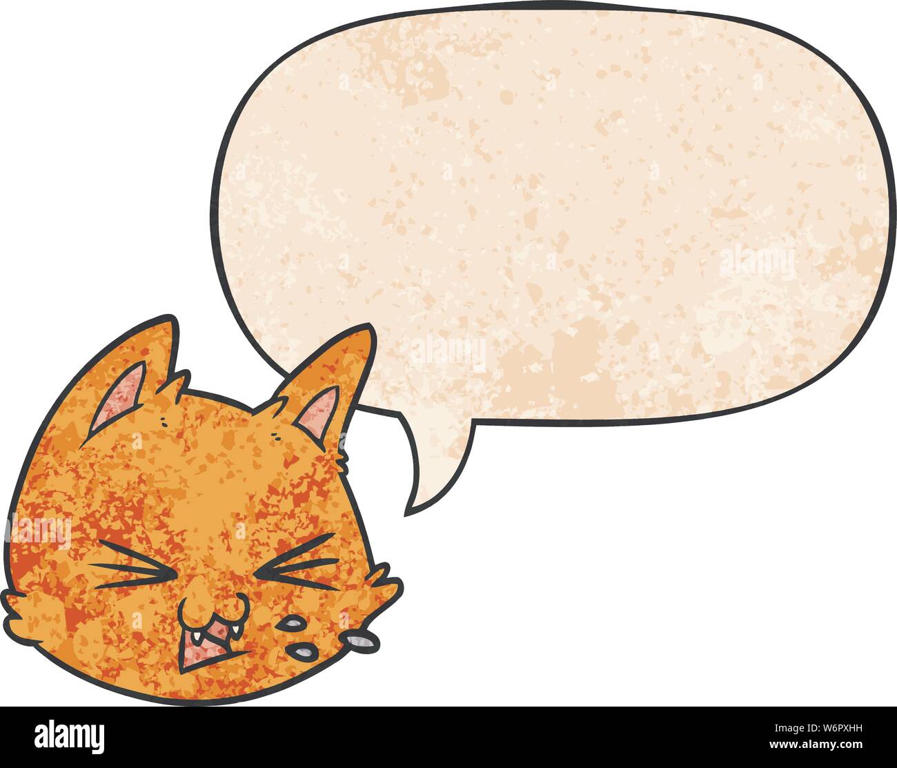 spitting cartoon cat face with speech bubble in retro texture style ...