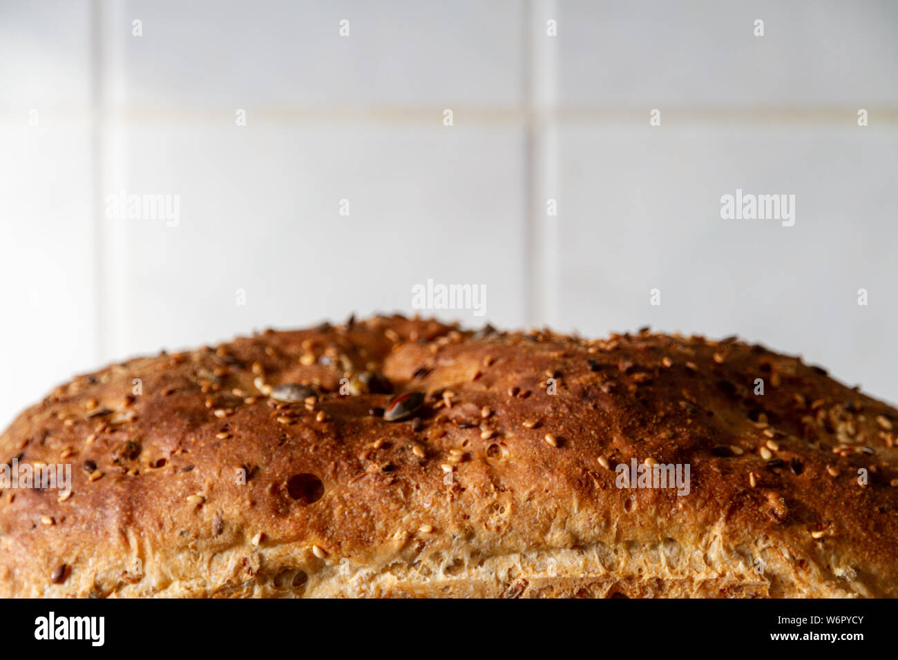looking over the top of a homemade loaf of bread, landscape orientation ...