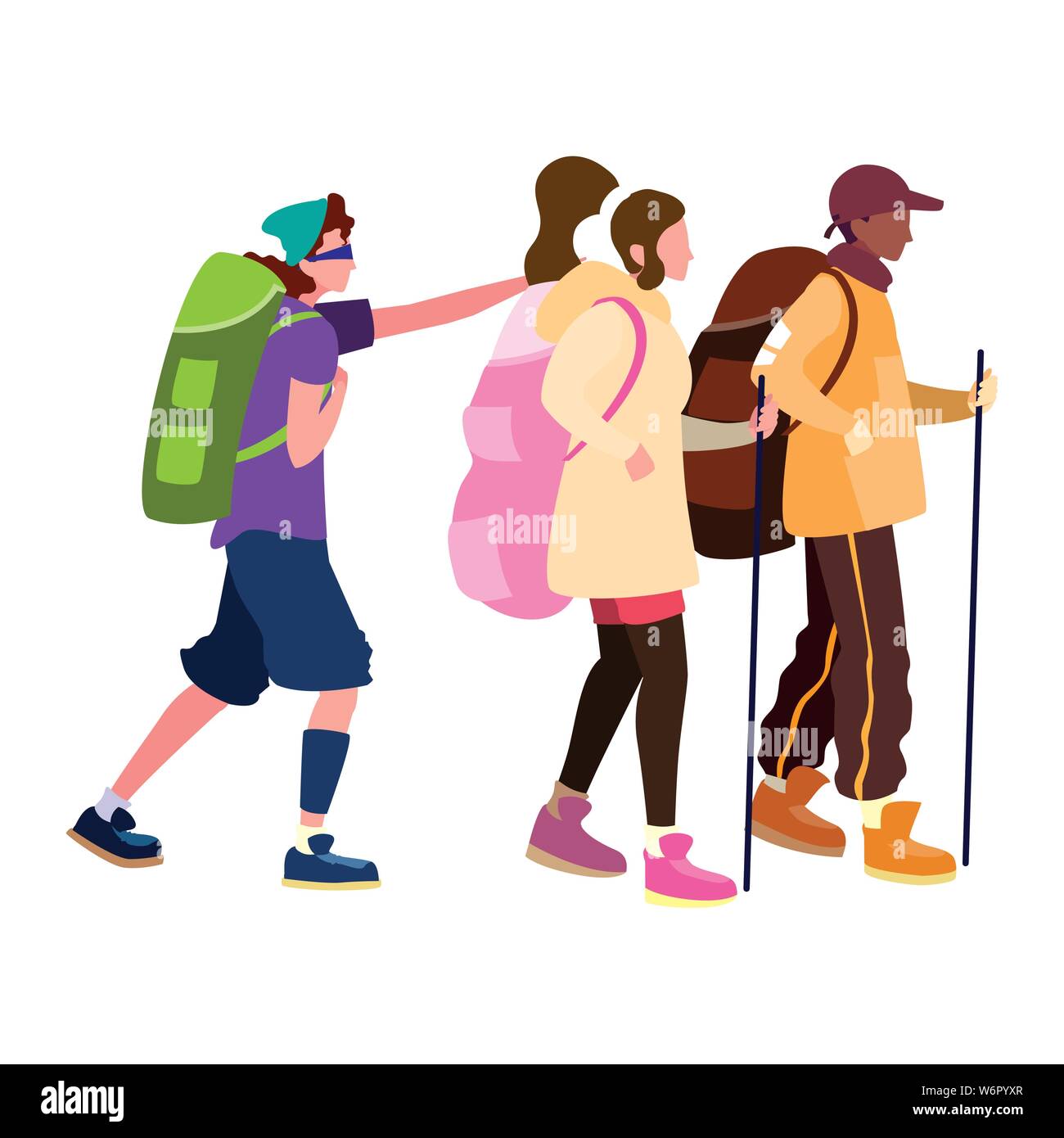 young group people with backpacks hiking wanderlust vector illustration ...