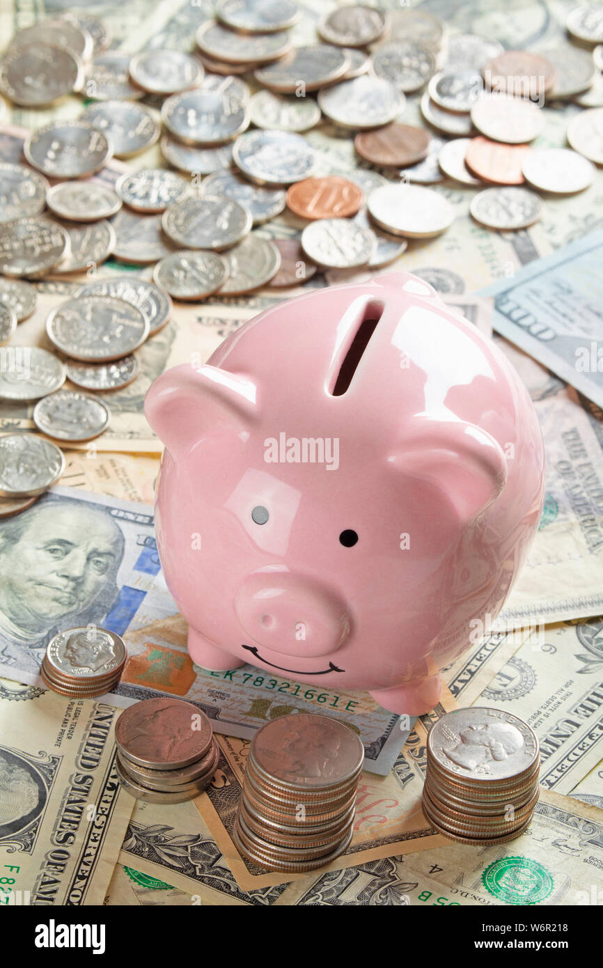 United States bank notes and coins with a piggy bank Stock Photo - Alamy