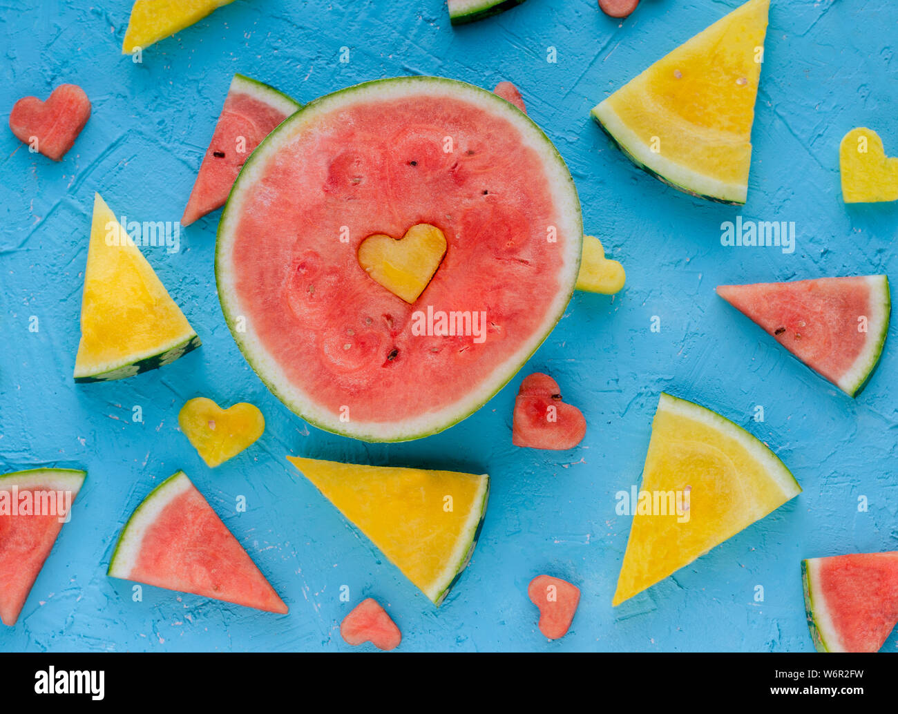 Colored watermelons in pieces with heart figures Stock Photo - Alamy