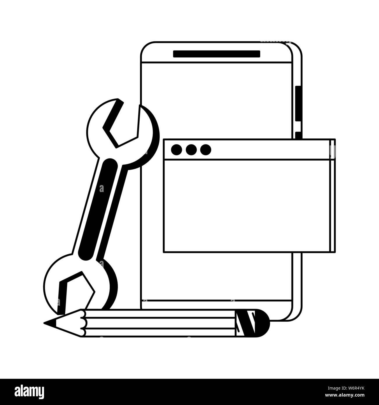 technology web digital hardware cartoon in black and white Stock Vector ...