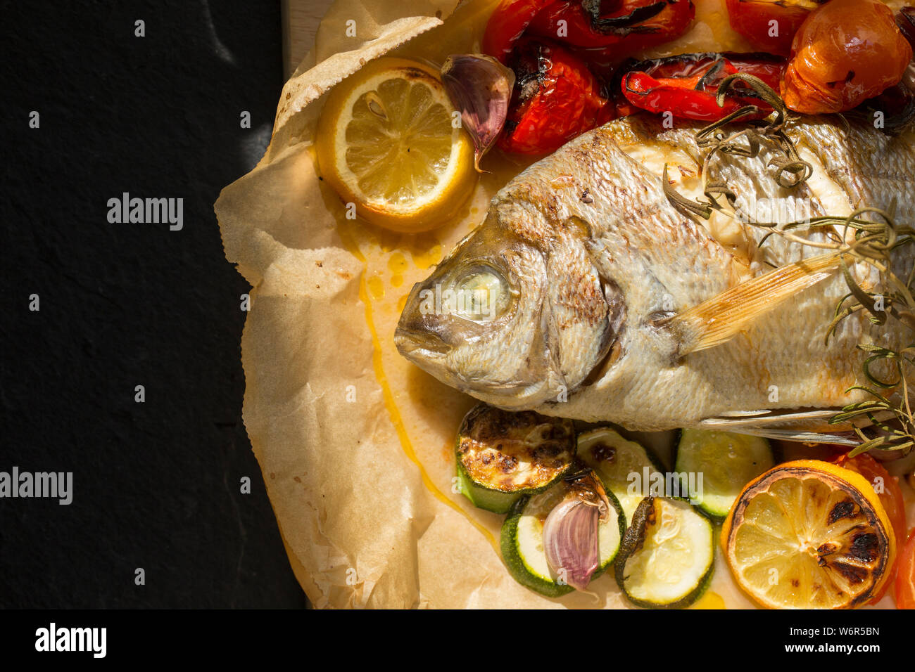 A Black Bream, Spondyliosoma cantharus, that was caught on rod and line ...