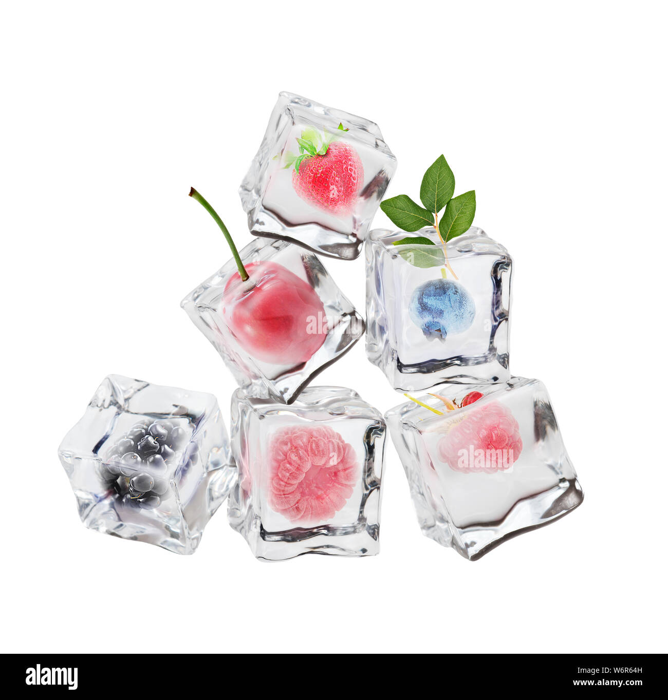 Different berries in ice cubes on white background Stock Photo - Alamy