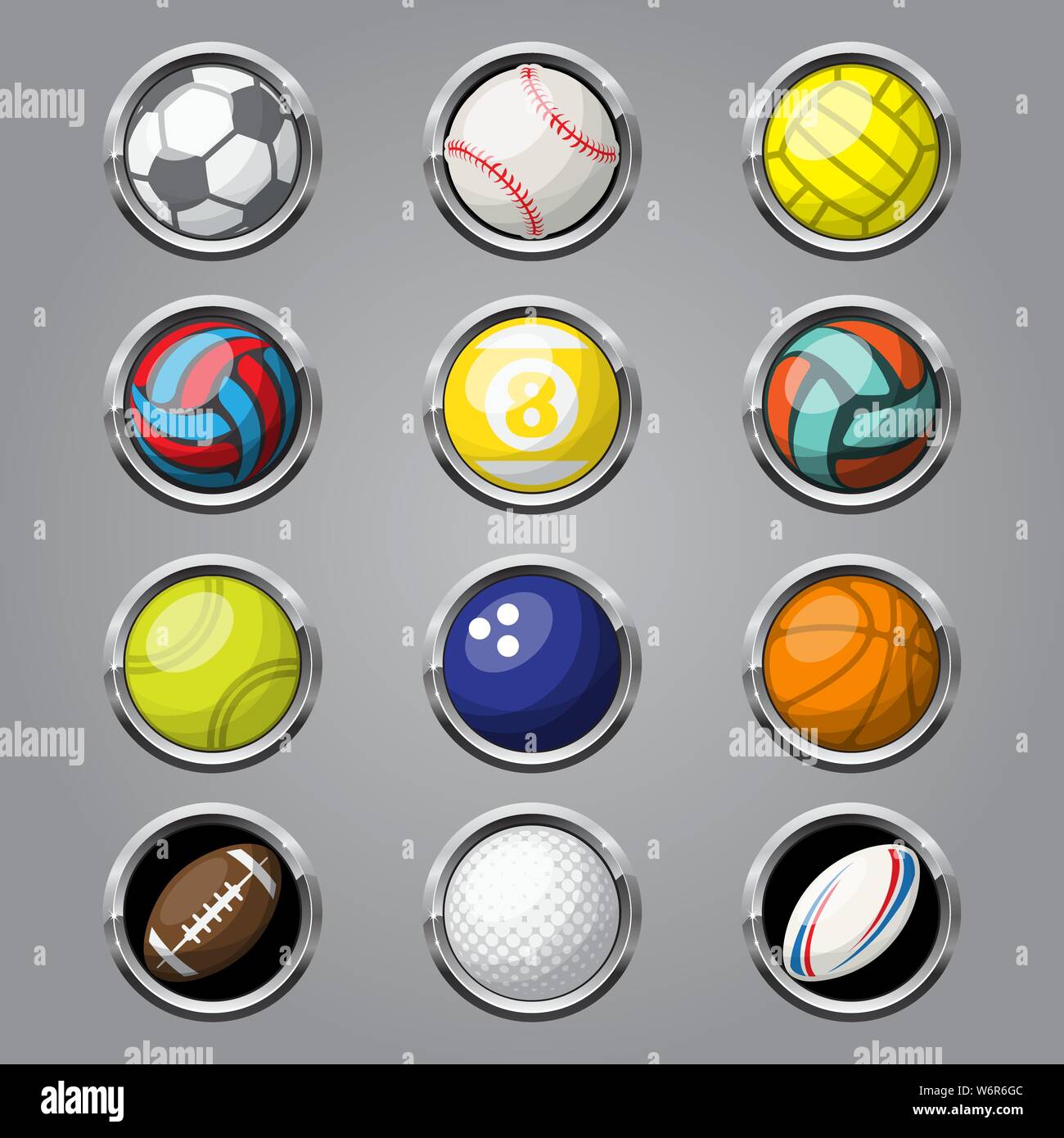 Set of different color sport balls buttons isolated on white background ...