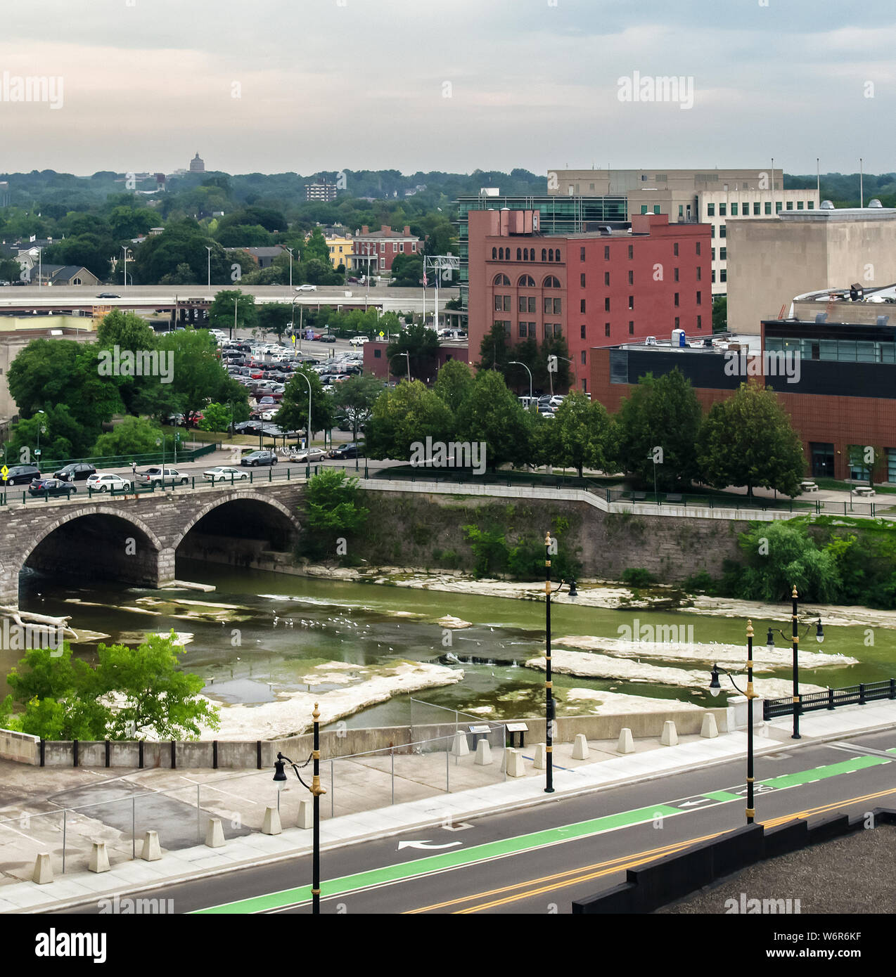 Rochester, New York, USA. July 30, 2019. Elevated view of downtown Rochester, NY. and the ...