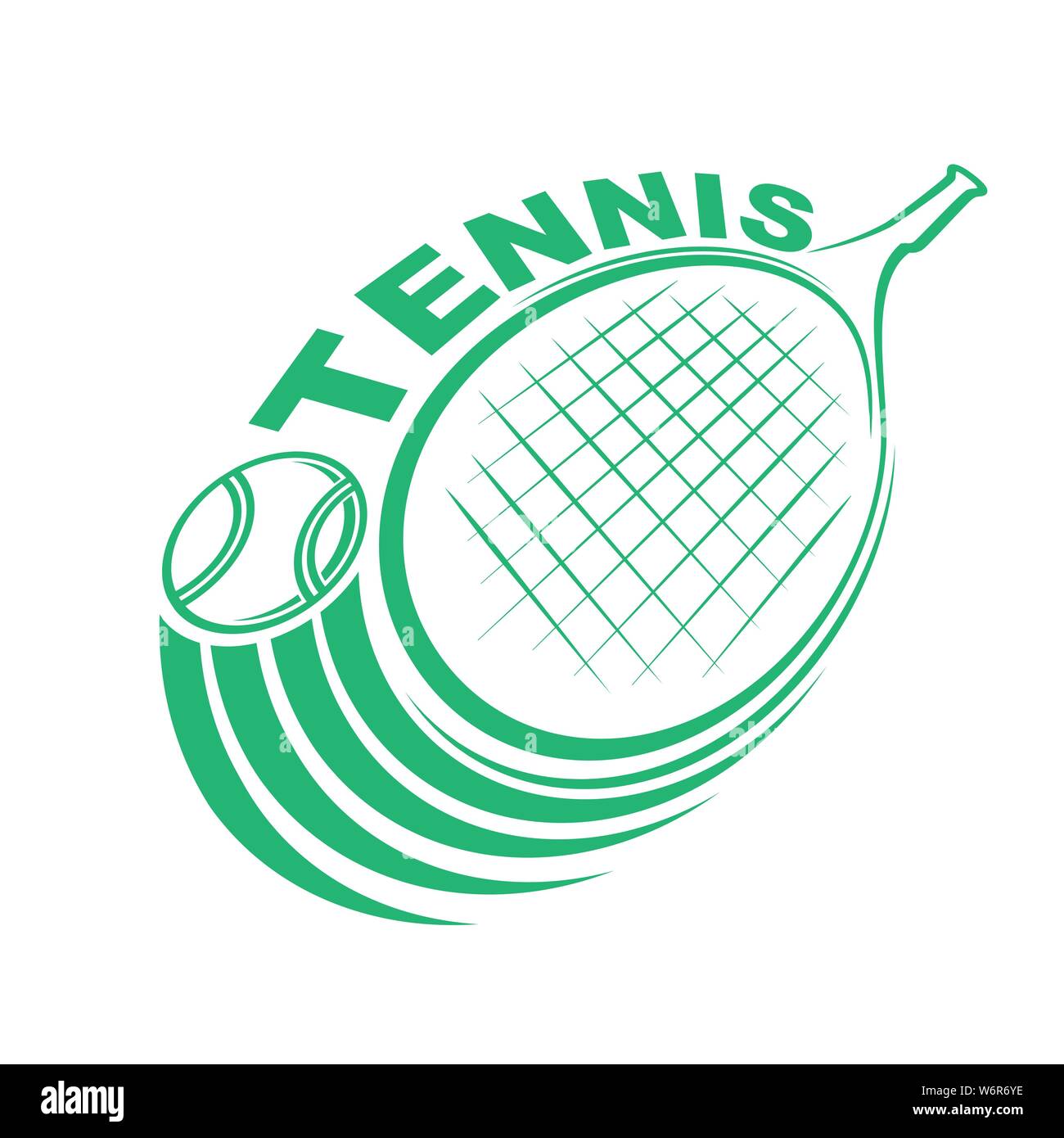 Blue color tennis racket and moving ball witth text isolated on white ...