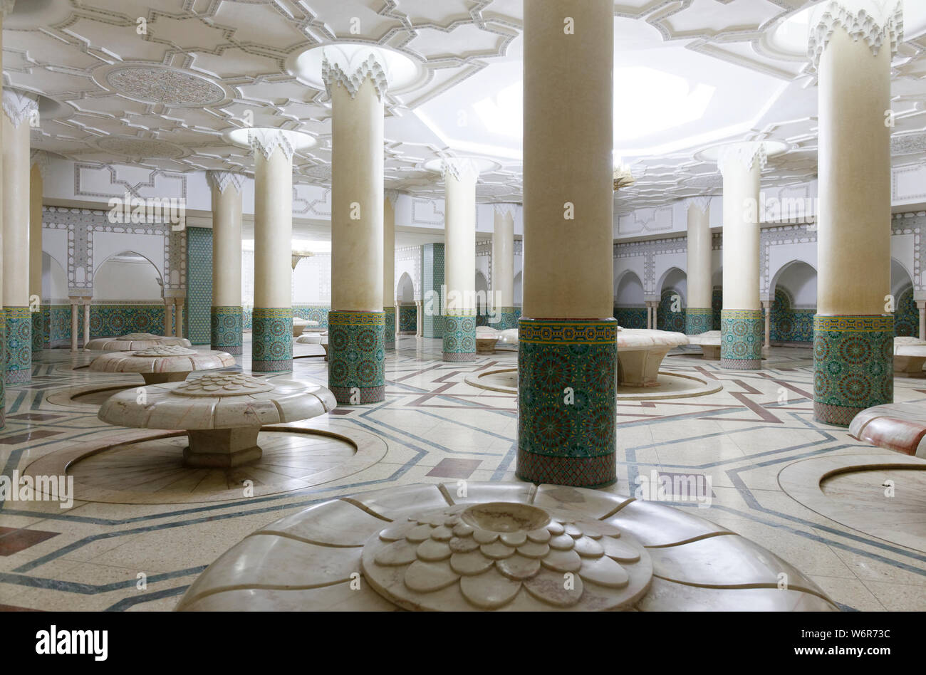 View of the Wudu wash room of Hassan II Grand Mosque. The ritual of ...