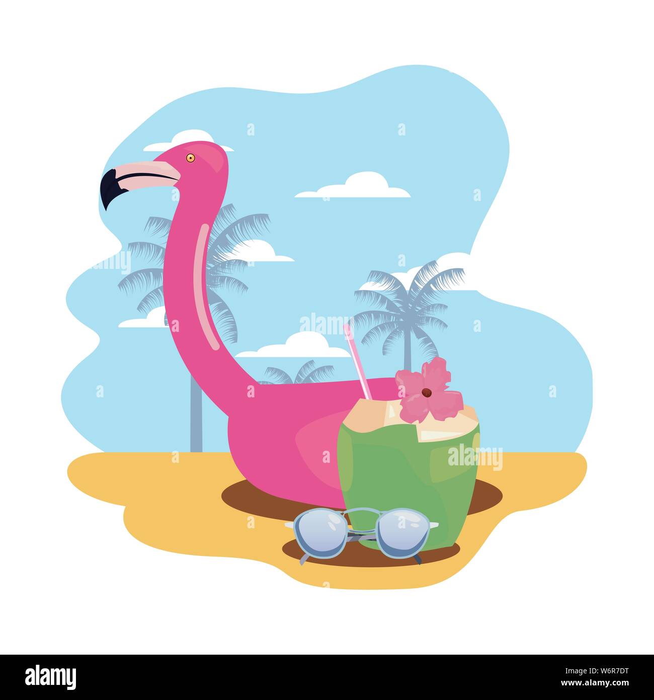 flamingo float coconut drink sunglasses summer time vacation vector ...