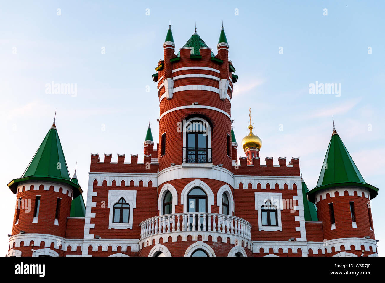 Facades of medieval castle decoration in the Flemish style. Downtown of ...
