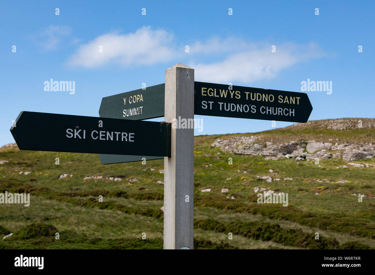 Bilingual English and Welsh signs near the summit of the Great Orme ...