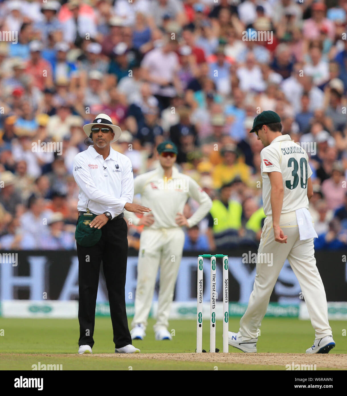 BIRMINGHAM, ENGLAND. 02 AUGUST 2019: Umpire Joel Wilson signals a ...