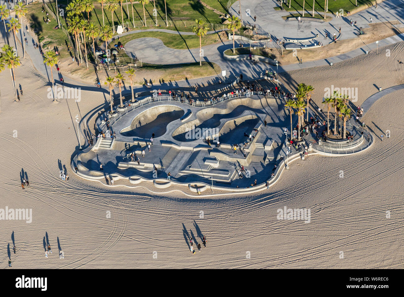 Los Angeles, California, USA - December 17, 2016: Aerial view of Venice Beach skate park in ...