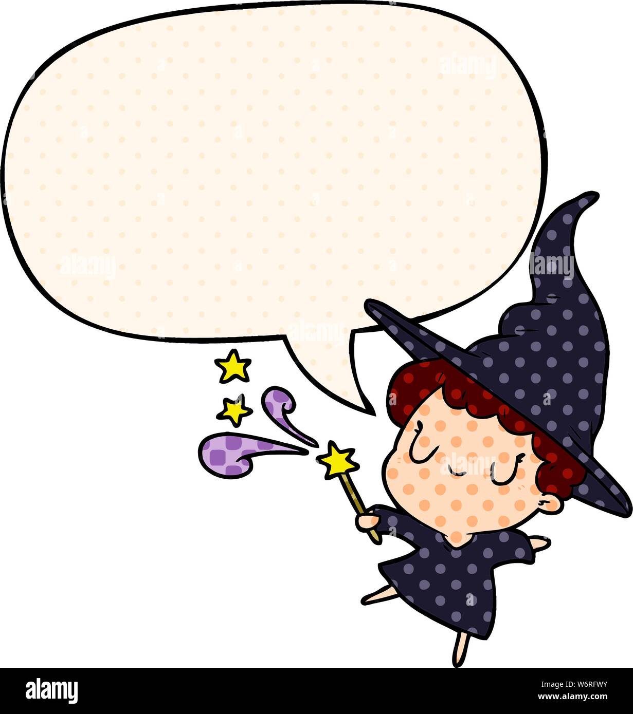 cute cartoon witch casting spell with speech bubble in comic book style ...