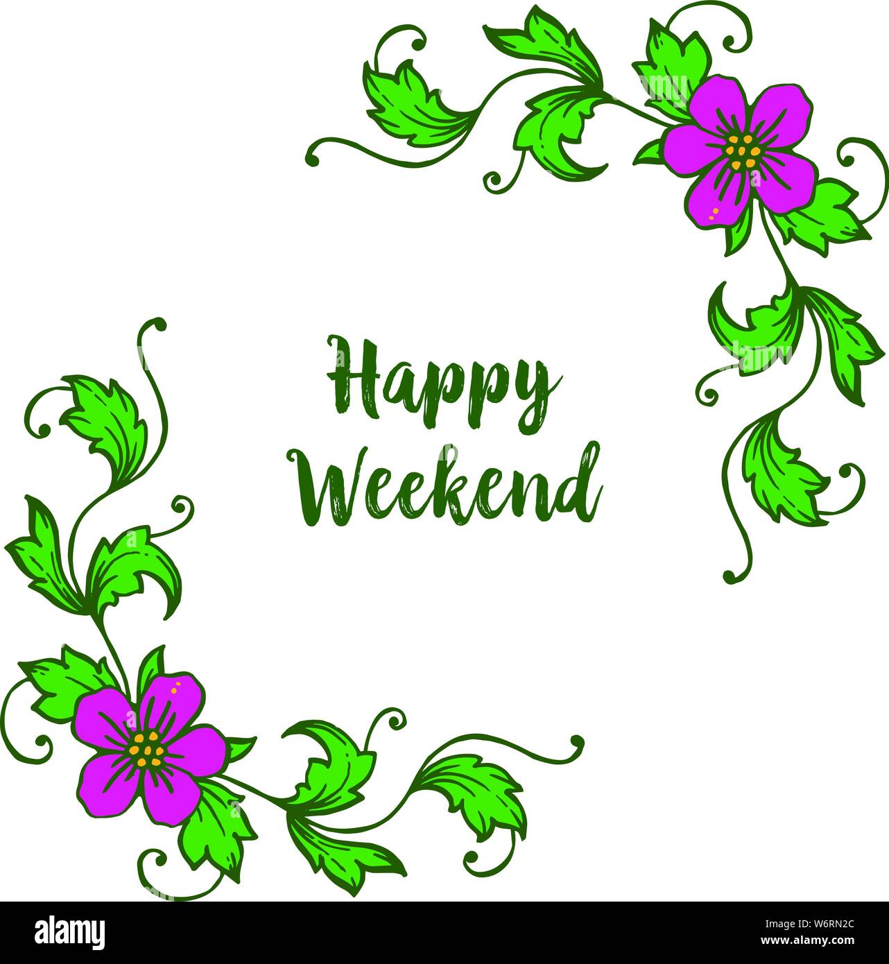 Lettering happy weekend, texture purple flower frame elegant. Vector ...