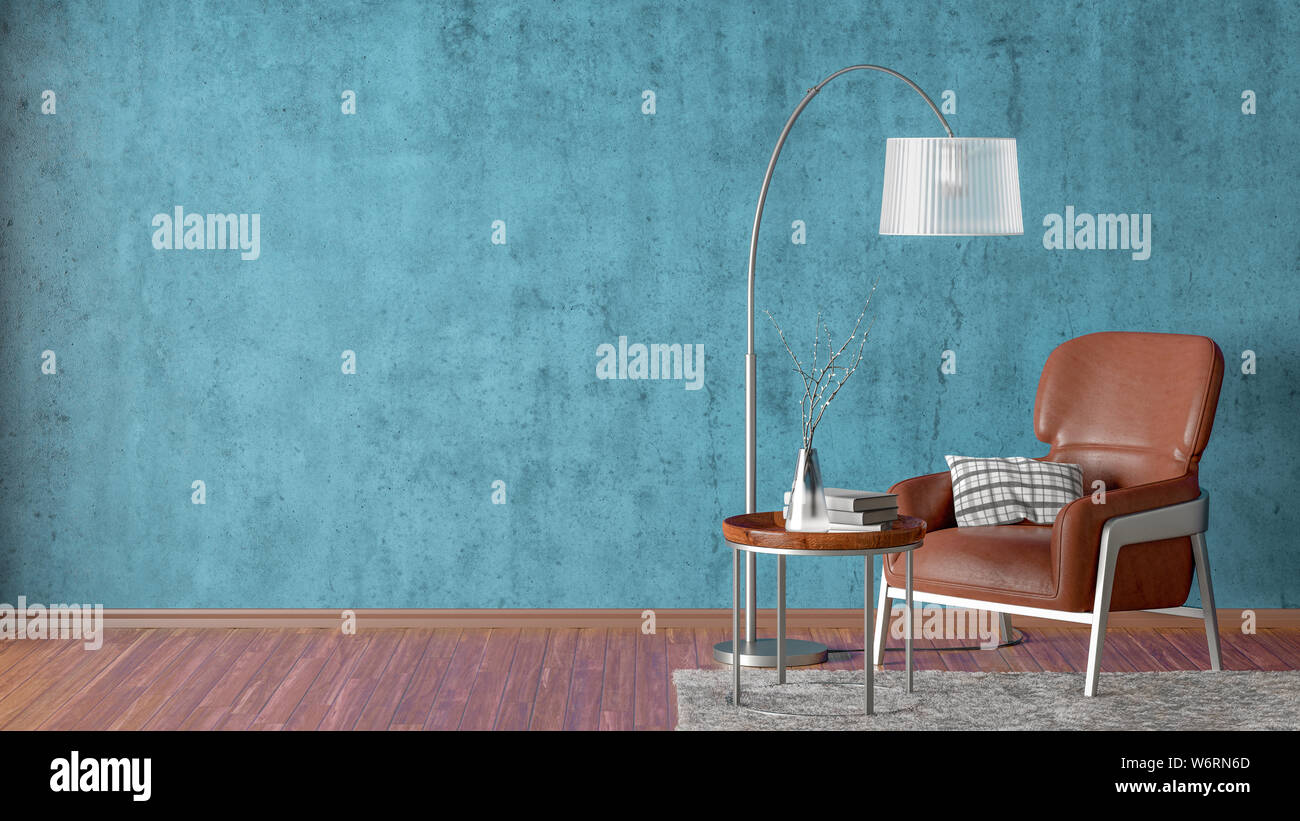 Interior of modern living room with cyan concrete wall and wooden ...