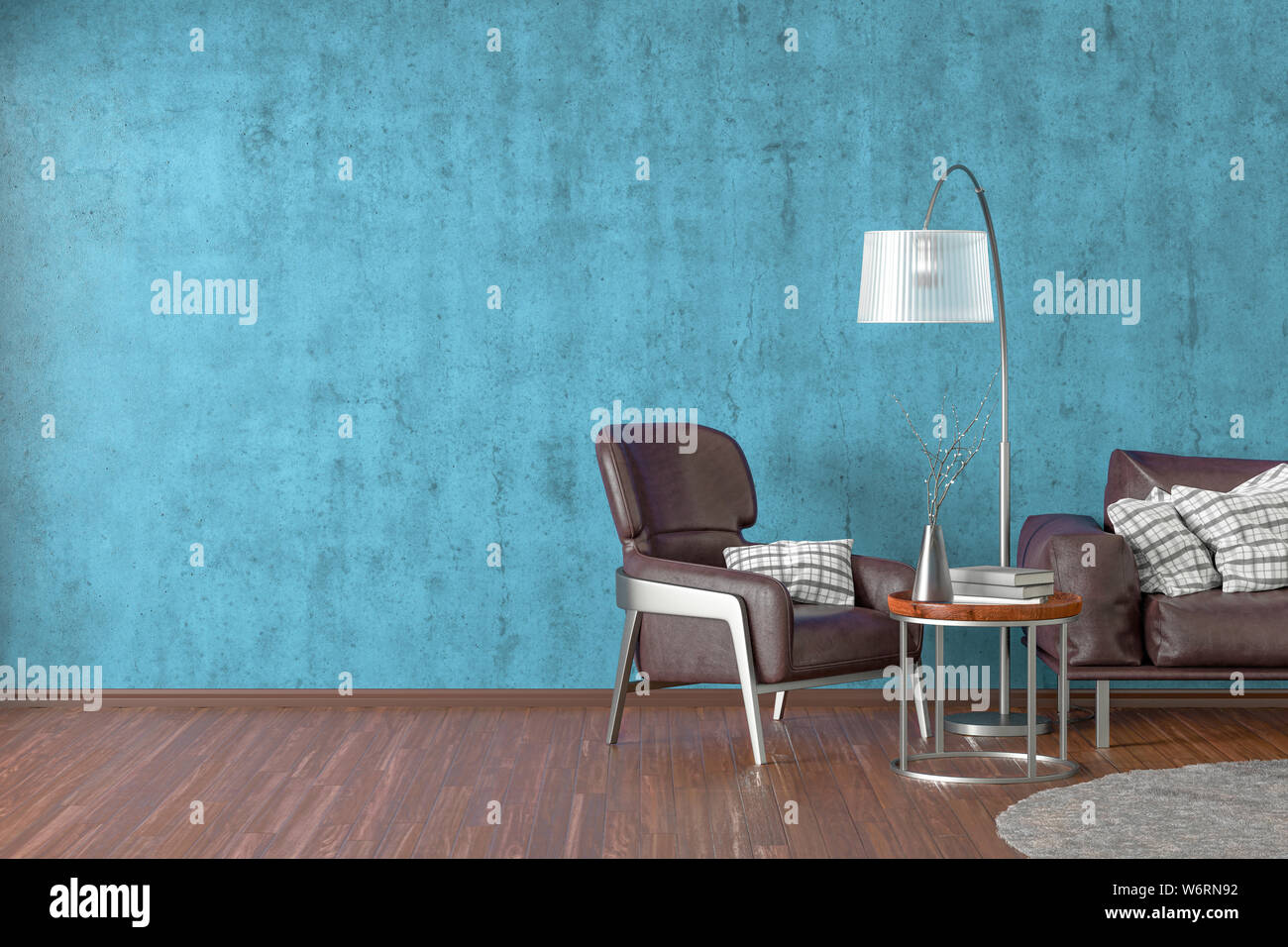 Interior of living room with cyan concrete wall and wooden flooring ...