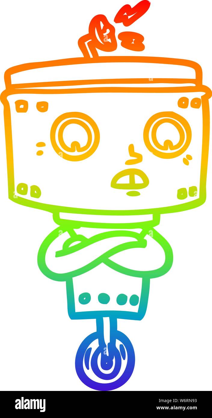 rainbow gradient line drawing of a cartoon robot with crossed arms ...