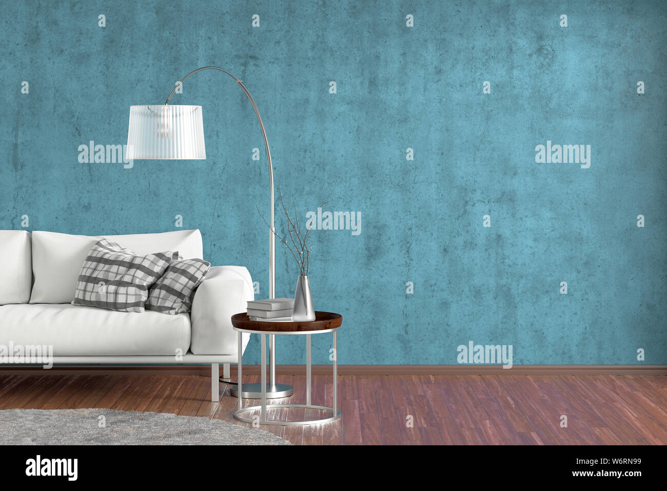 Interior of modern living room with cyan concrete wall and wooden ...