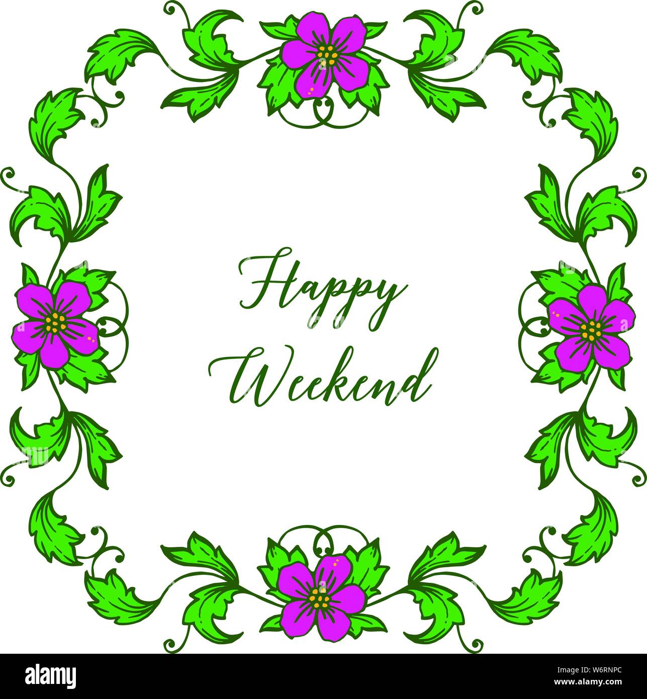 Lettering happy weekend, texture purple flower frame elegant. Vector ...