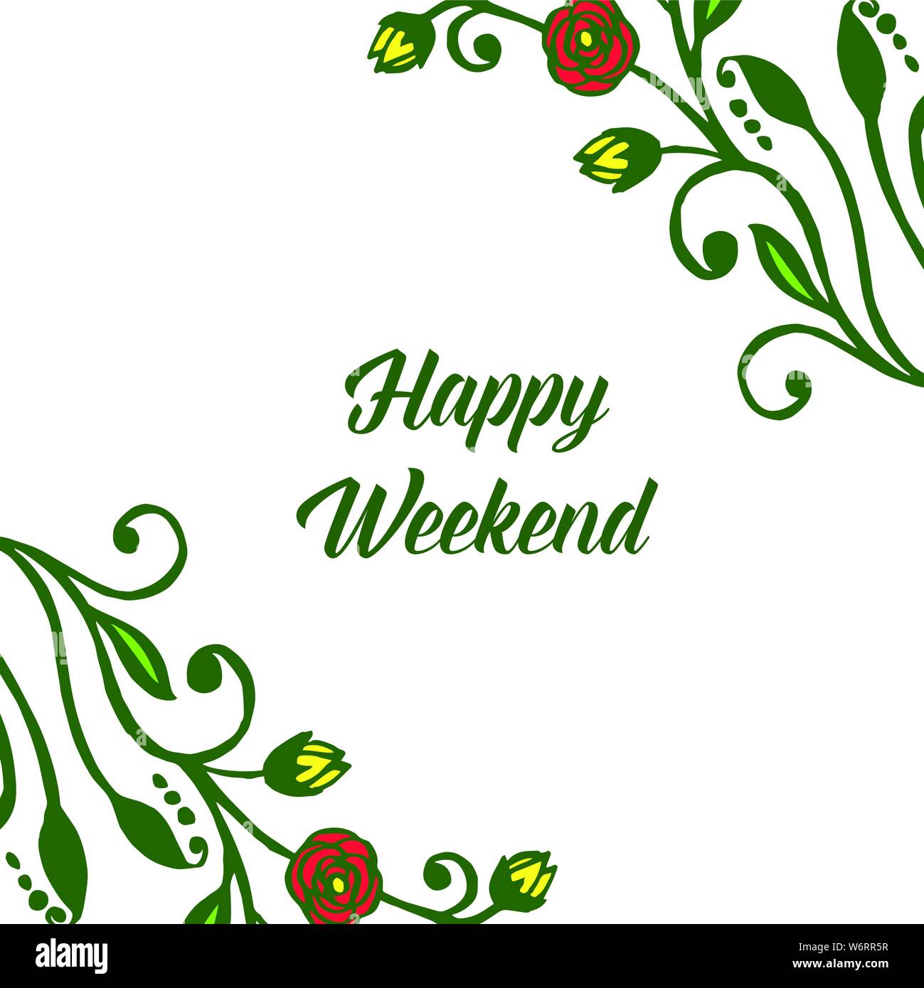 Greeting card calligraphy text happy weekend, with feature green leafy ...