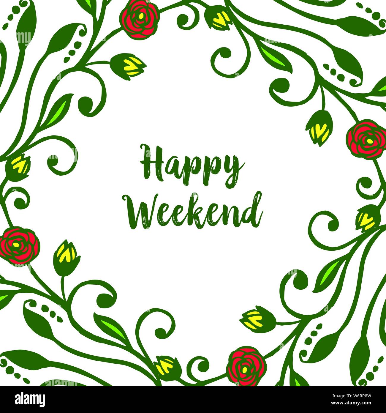 Greeting card calligraphy text happy weekend, with feature green leafy ...