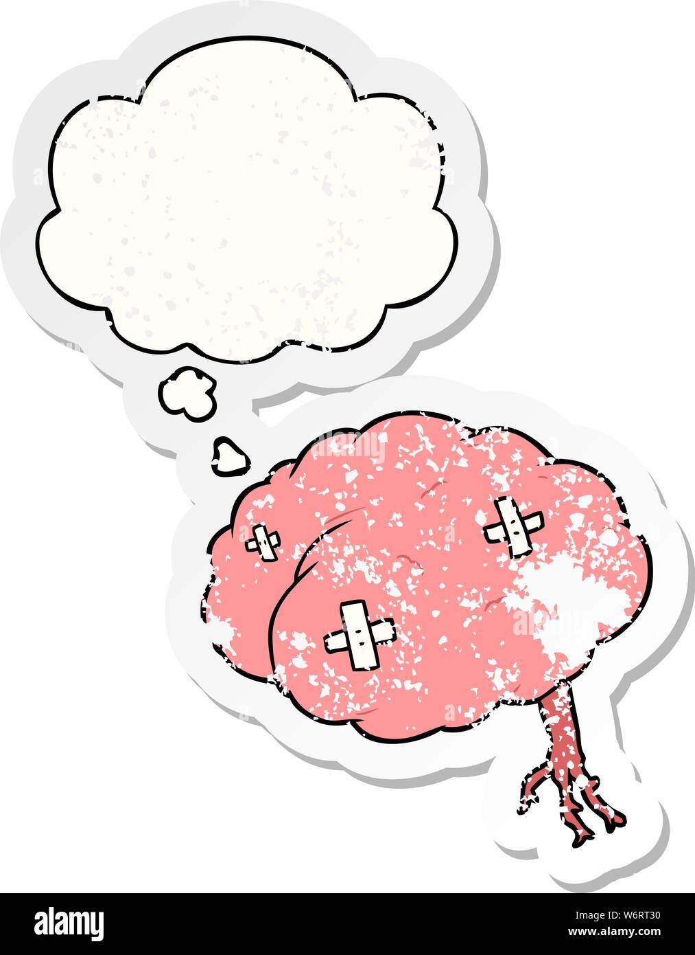 cartoon injured brain with thought bubble as a distressed worn sticker ...