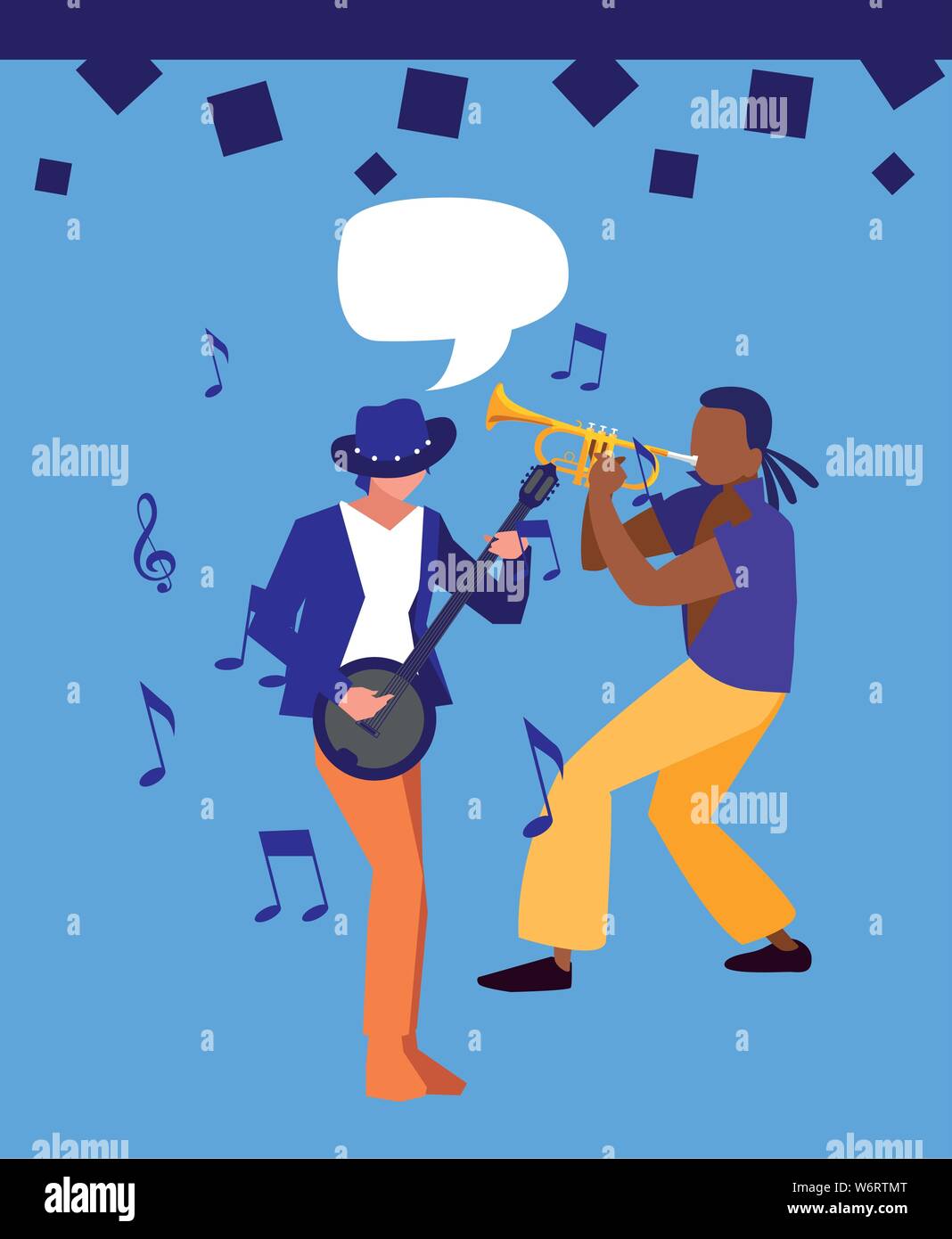 two male musicians playing musical instruments vector illustration ...