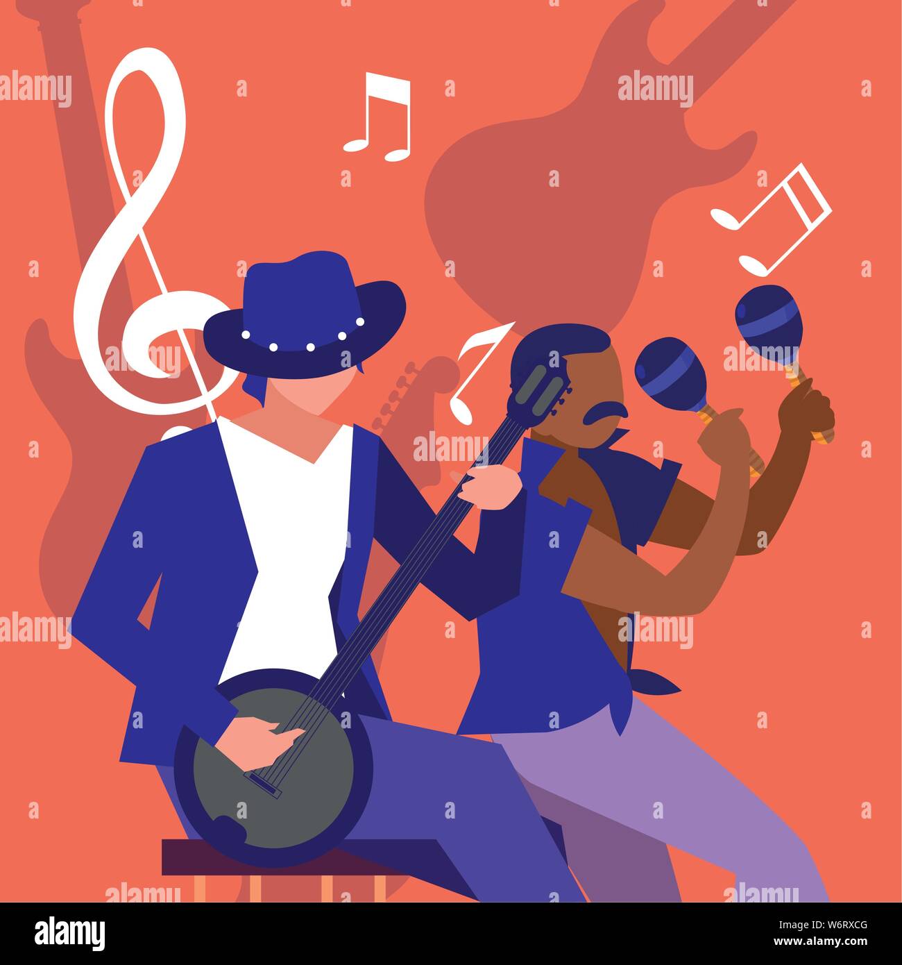 two male musicians playing musical instruments vector illustration ...