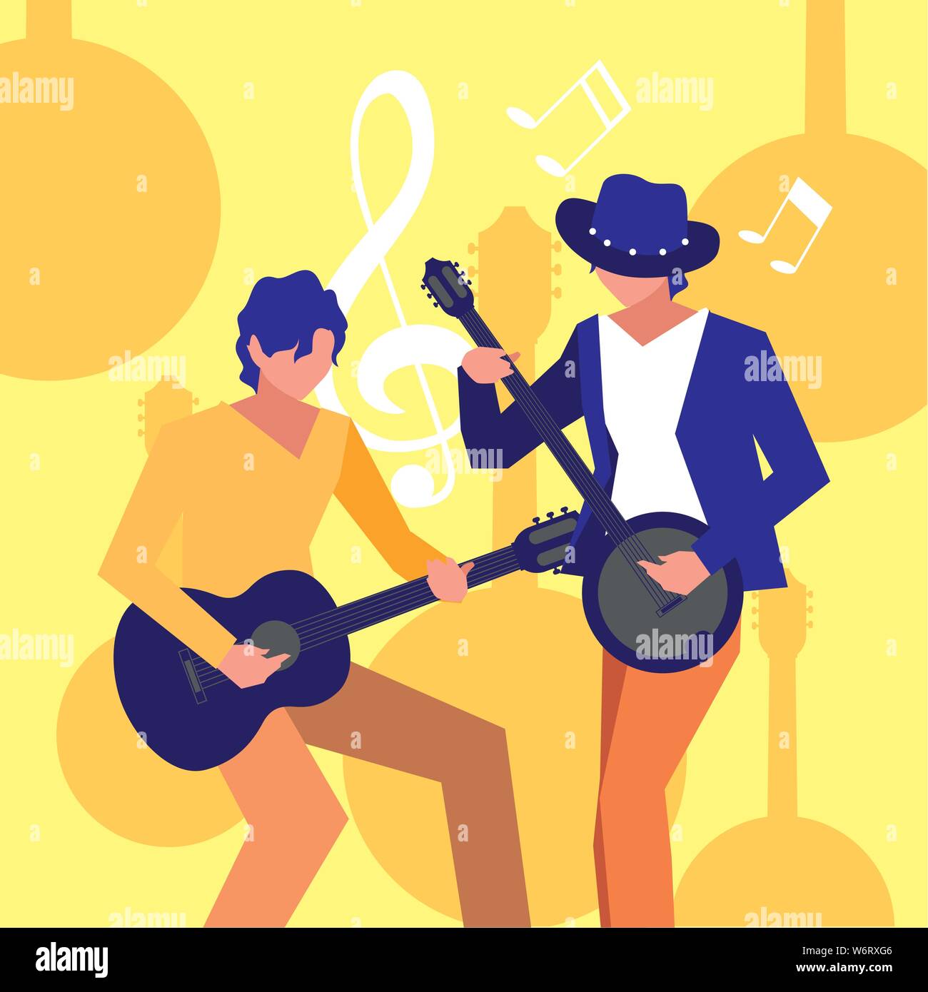 two male musicians playing musical instruments vector illustration ...