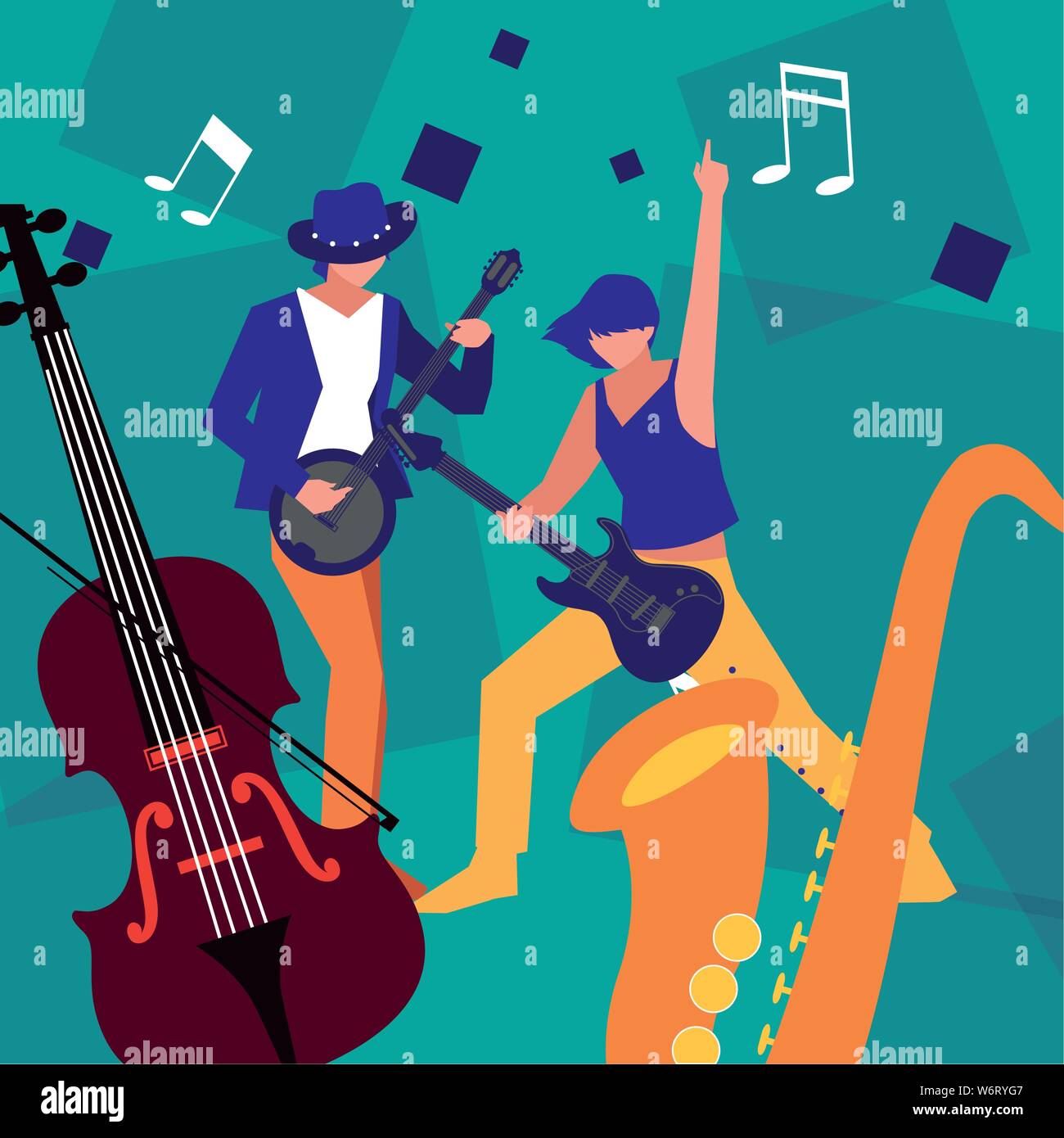 two male musicians playing musical instruments vector illustration ...