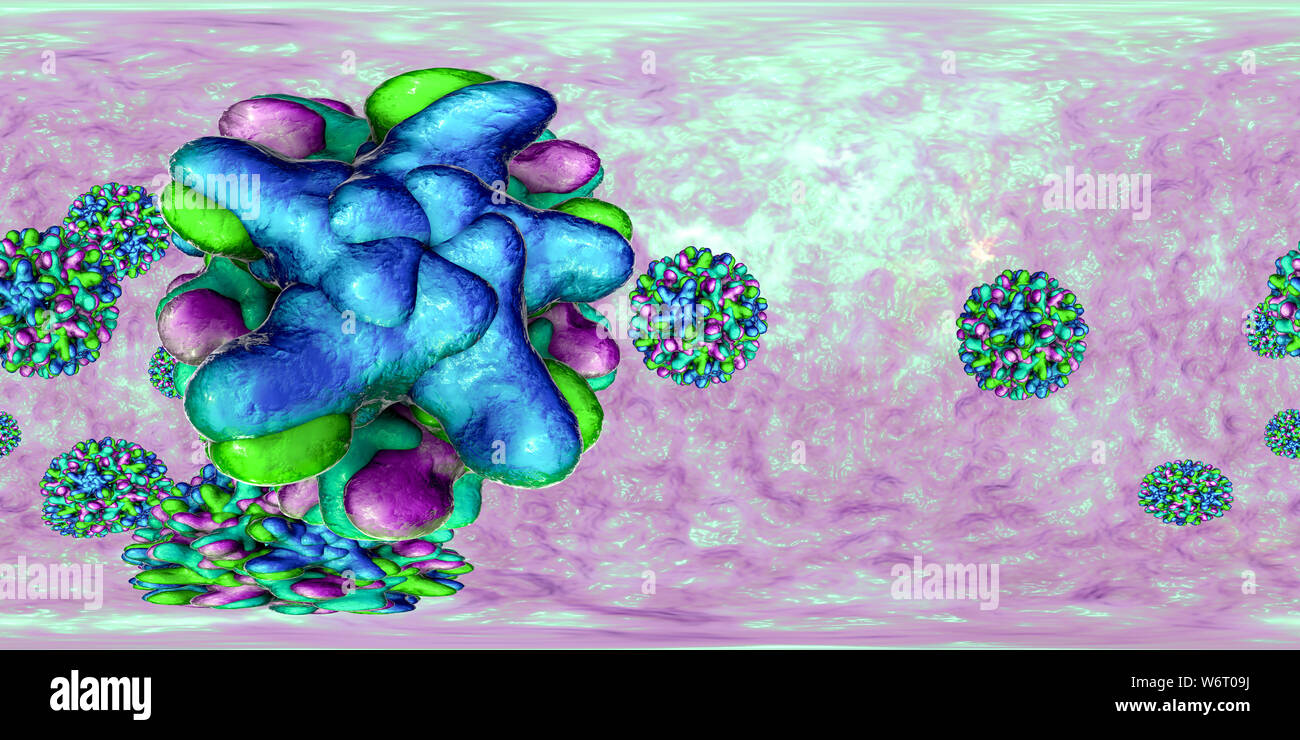 Hepatitis B viruses, 360-degree panorama view, computer illustration ...